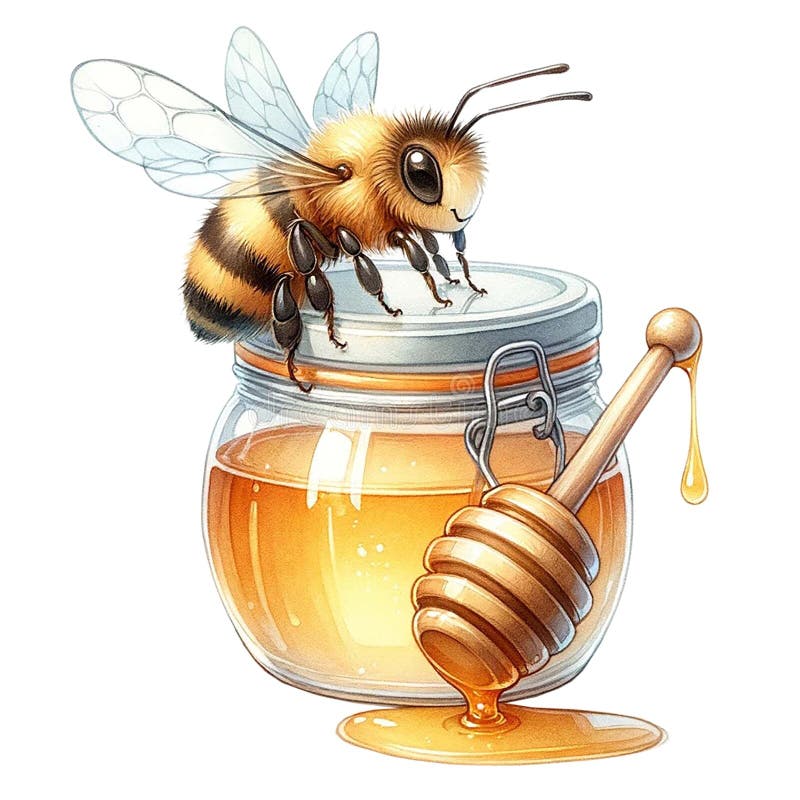 Watercolor Illustration of Little Bear in Bee Costume with Honey Jar ...