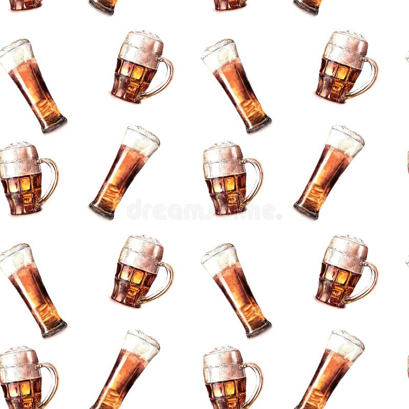 Watercolor Illustration of a Beer Mug Pattern on a White Background ...