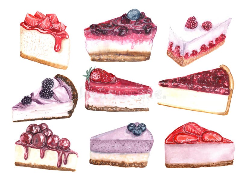 Watercolor Illustration of Berry Cheesecake on a White Background Stock ...