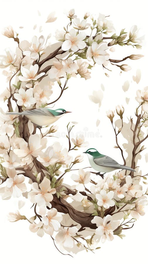 Watercolor Illustration of Blooming Spring Tree Branch with Birds Stock ...