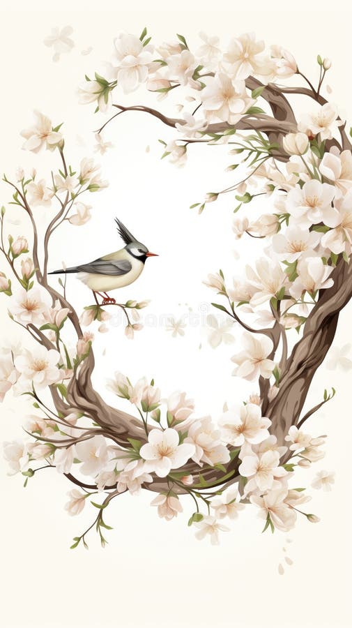 Watercolor Illustration of Blooming Spring Tree Branch with Birds Stock ...