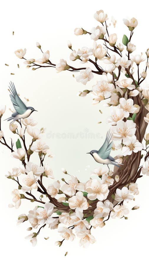Watercolor Illustration of Blooming Spring Tree Branch with Birds Stock ...