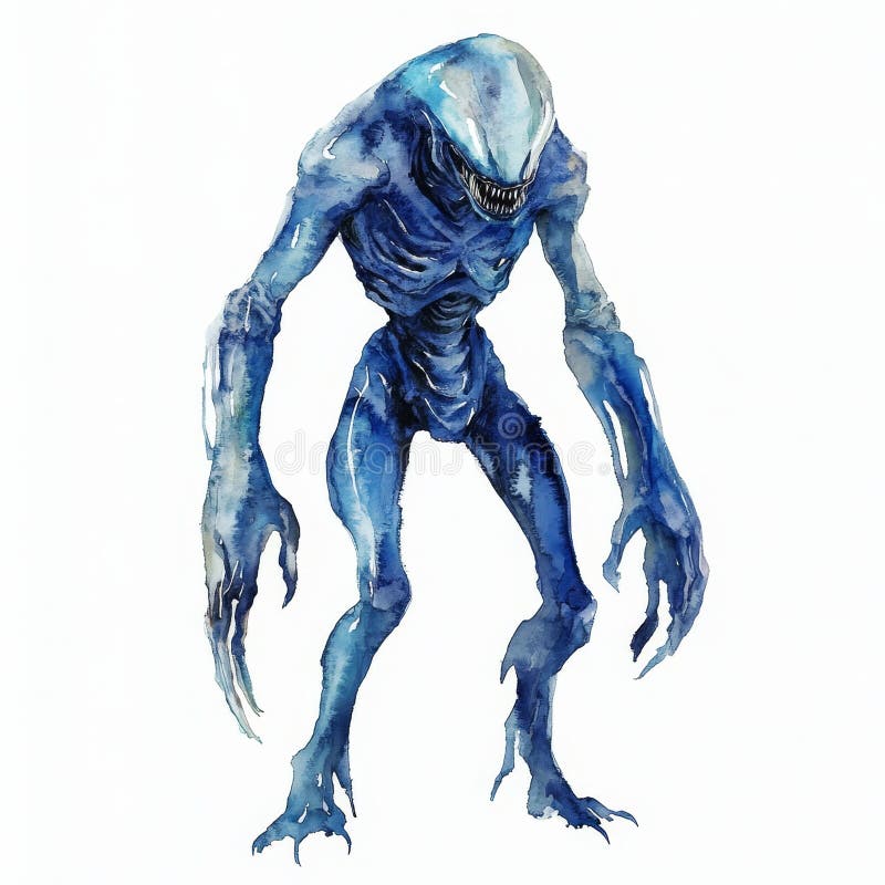 Watercolor Illustration of a Blue Alien Monster with Sharp Claws and a ...