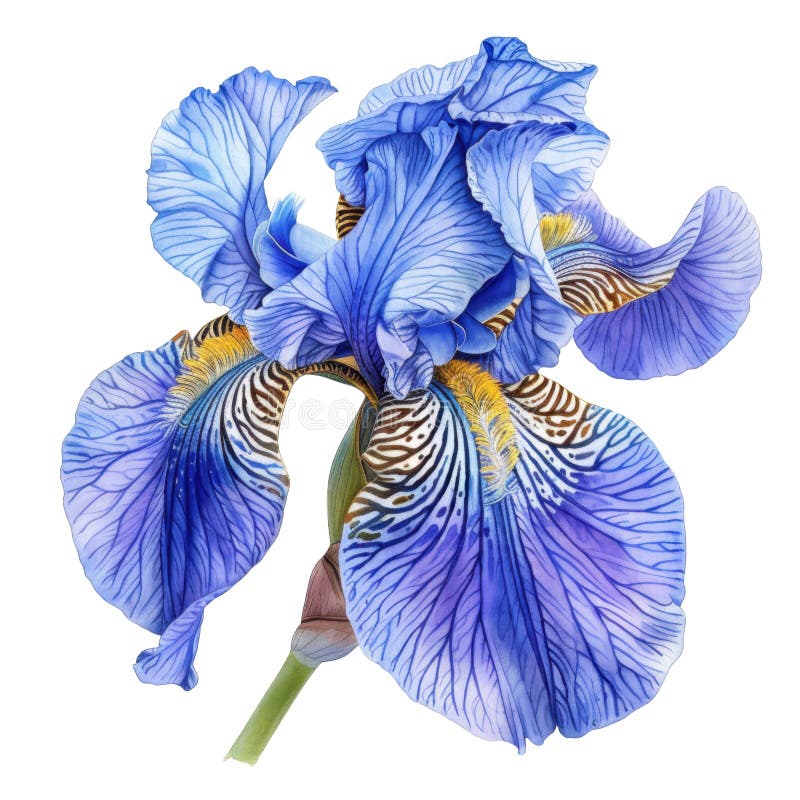 Watercolor Illustration of a Blue and Yellow Iris Flower Stock Photo ...