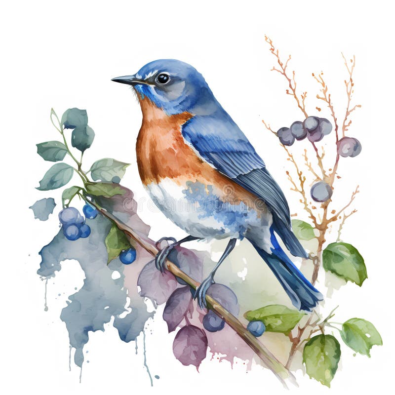Watercolor Illustration of a Bluebird on a Branch with Berries. Stock ...