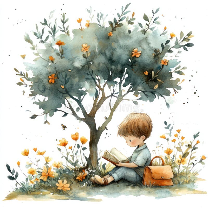 Watercolor Illustration of a Boy Reading Under a Tree Stock ...