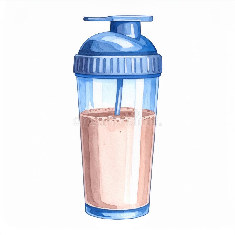 Watercolor Illustration of Brown Protein Shake in a Blue Shaker Bottle ...