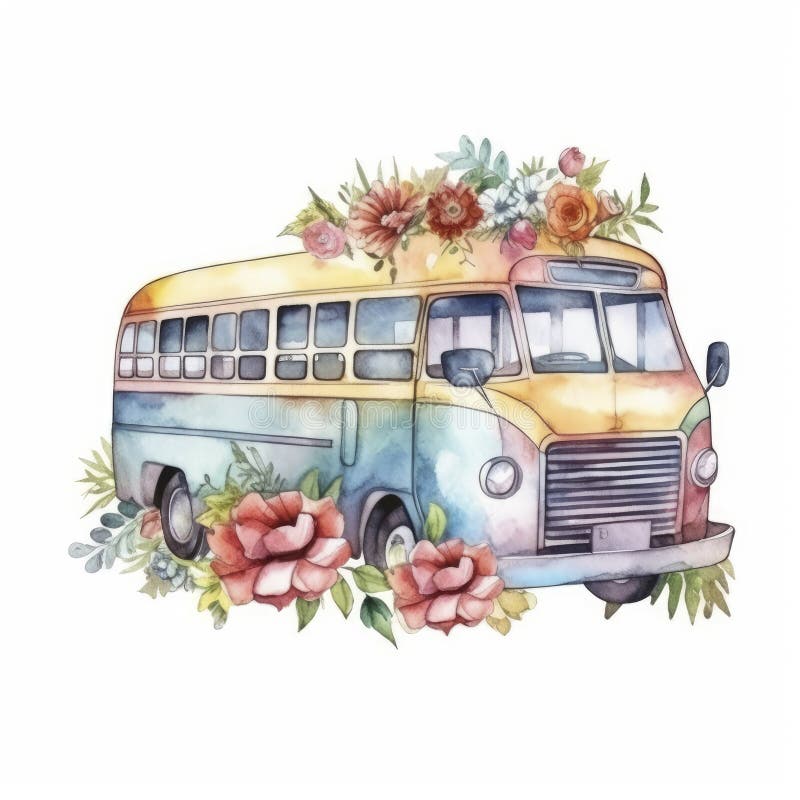 Watercolor Illustration of a Bus with Flowers Stock Illustration ...