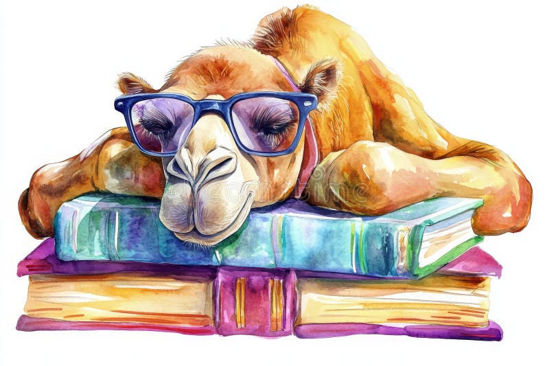 A Watercolor Illustration of a Camel Wearing Glasses and Sleeping on a ...