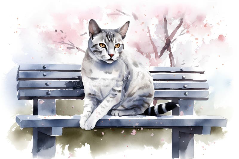 Watercolor Illustration of a Cat Sitting on a Bench in the Park. Stock ...
