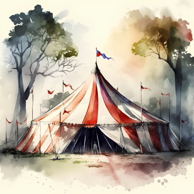 Watercolor Illustration of a Circus Tent with Flags and Trees in the ...