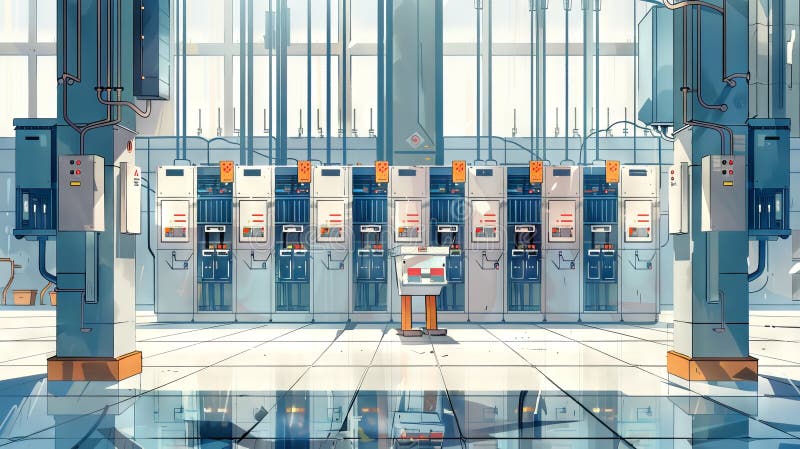 Watercolor Illustration of a Clean Modern Electrical Control Room with ...