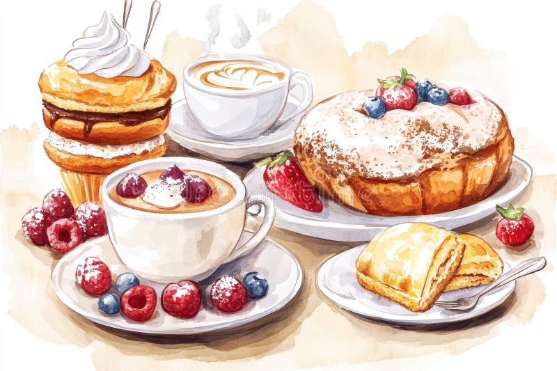 Watercolor Illustration of Coffee, Pastry, and Berries Stock ...