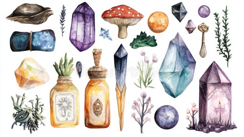 Watercolor Illustration of a Collection of Magical Elements and ...
