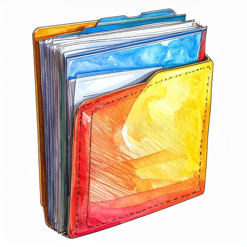 Watercolor Illustration of Colorful Folder with Documents Stock ...