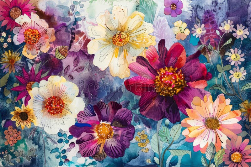 Watercolor Illustration of Colorful Spring Flowers, Spring Background ...