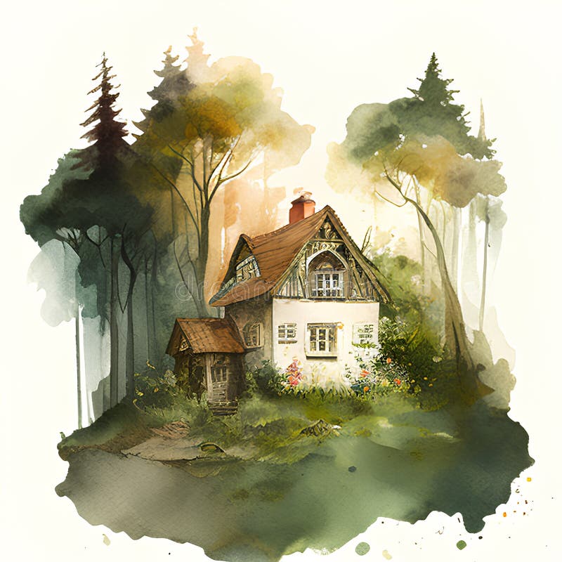 Watercolor Illustration of a Cottage in the Forest. Hand-drawn ...