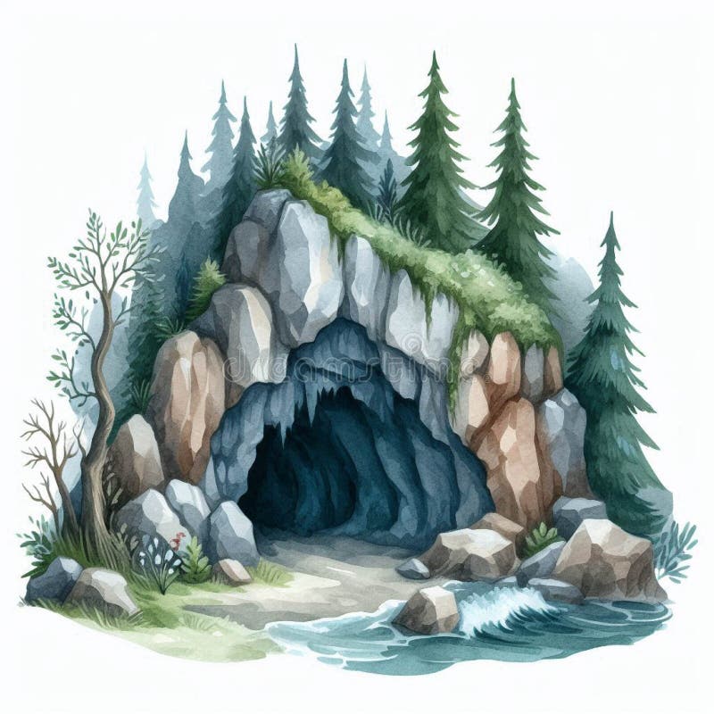 Watercolor Illustration of a Cozy Adventurous Cave Stock Illustration ...