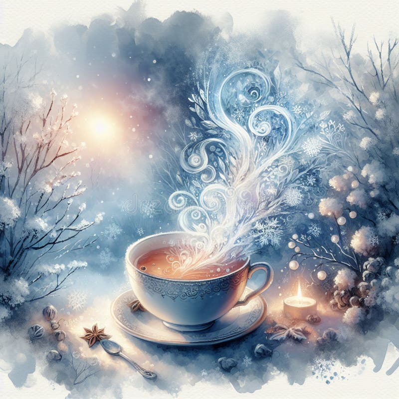 A Cup of Hot Tea in a Winter Fairy Tale Setting Stock Illustration ...