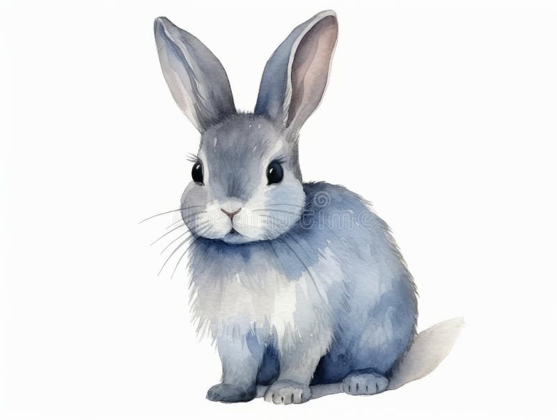 Watercolor Illustration of a Cute Blue Rabbit on a White Background ...