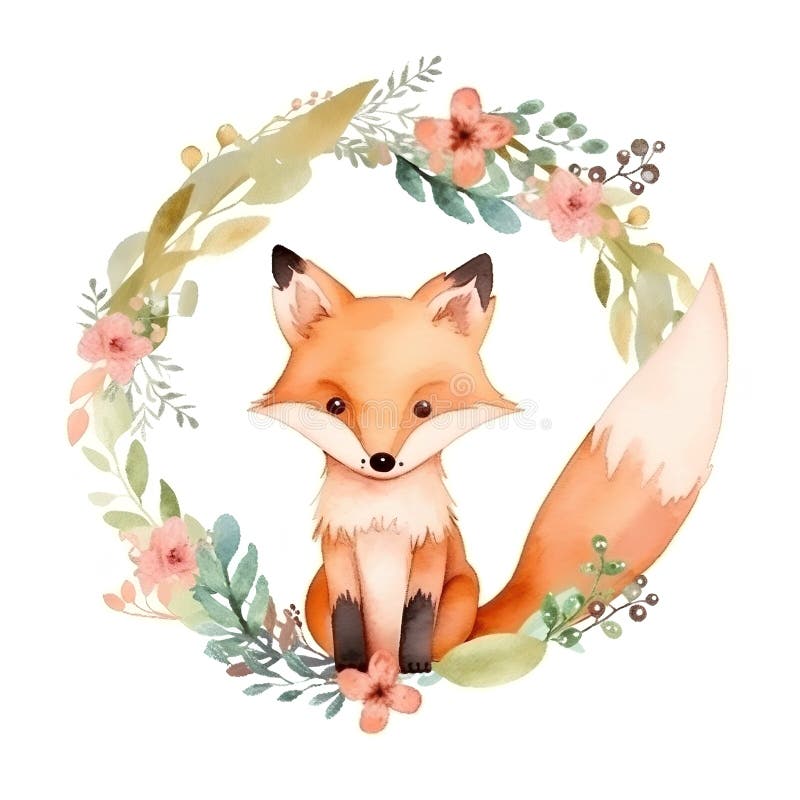 Watercolor Illustration of a Cute Fox in a Wreath of Flowers Stock ...