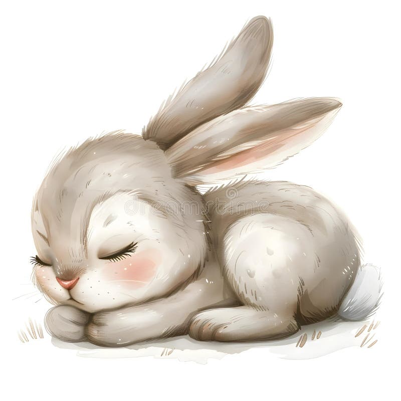 Watercolor Illustration of a Cute Little Bunny Sleeping on a White ...