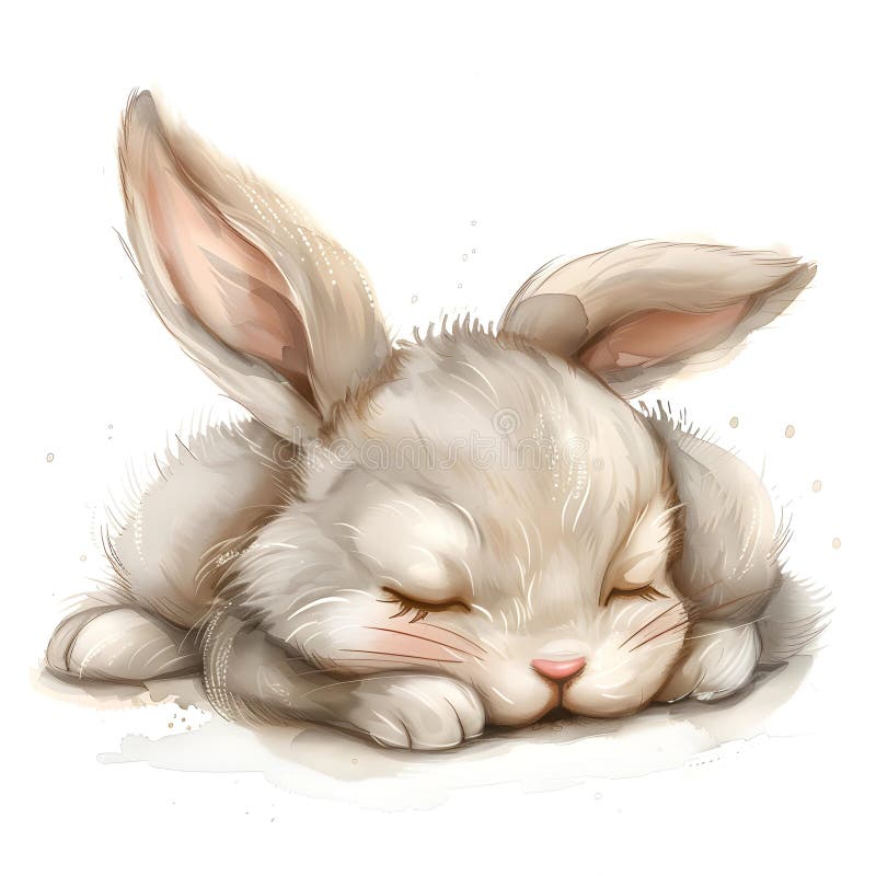 Watercolor Illustration of a Cute Little Bunny Sleeping on a White ...