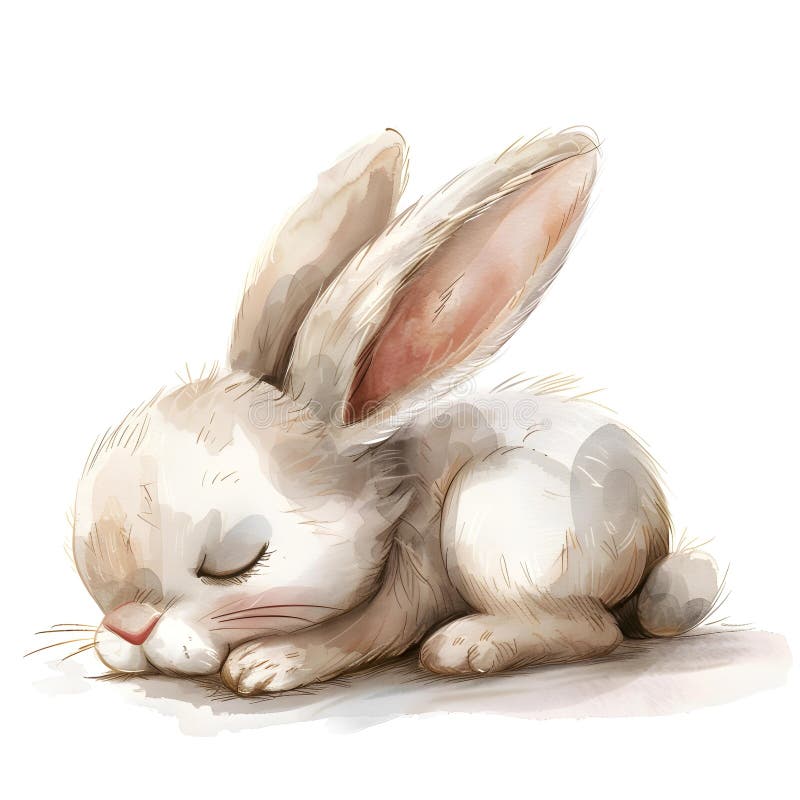 Watercolor Illustration of a Cute Little Bunny Sleeping on a White ...