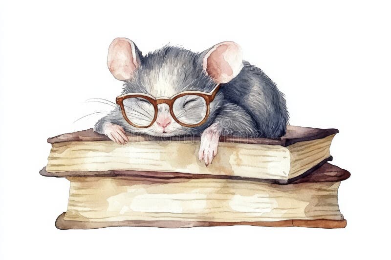 Sleepy Mouse with Glasses on a Stack of Books Stock Illustration ...