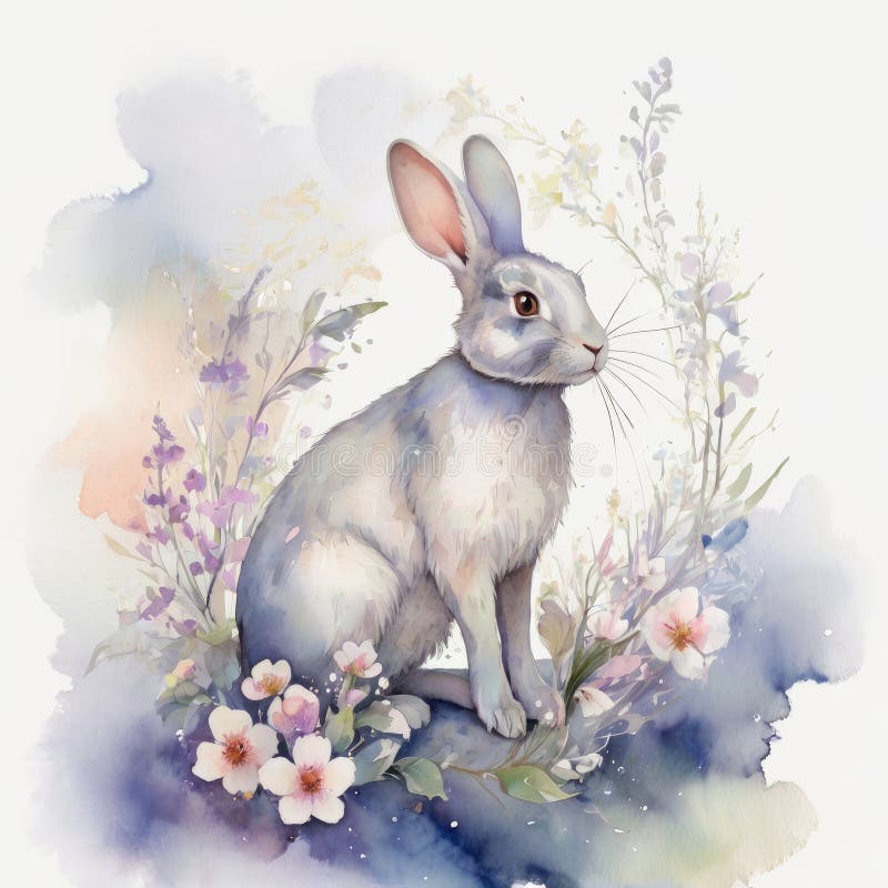 Watercolor Illustration of a Cute Rabbit with Floral Elements Stock ...