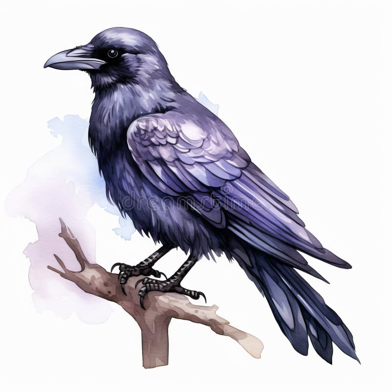 Watercolor Illustration of a Cute Raven in Violet and Gray Stock ...