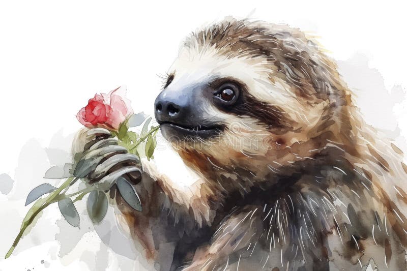 Watercolor Illustration of a Cute Sloth Holding a Rose Stock Photo ...