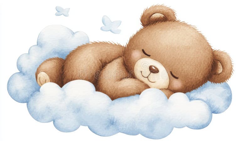 A Watercolor Illustration of a Cute Teddy Bear Sleeping on a Cloud, with a White Isolated ...