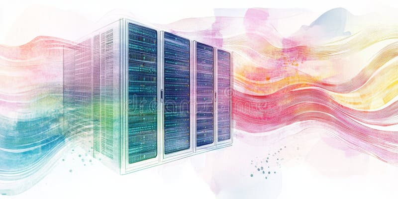 Watercolor Illustration of a Data Server Surrounded by Vibrant Abstract ...