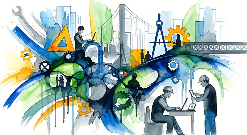 Watercolor Illustration Depicting Construction Engineering and Infrastructure Development ...
