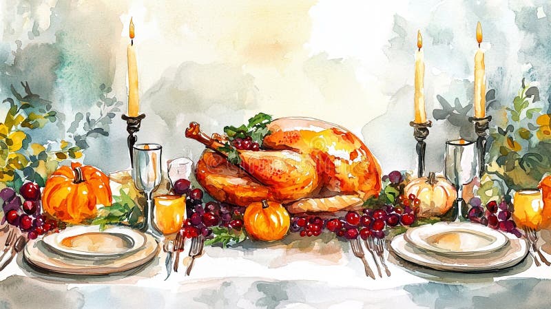 Watercolor Illustration Depicting Thanksgiving Dinner Table Setting ...