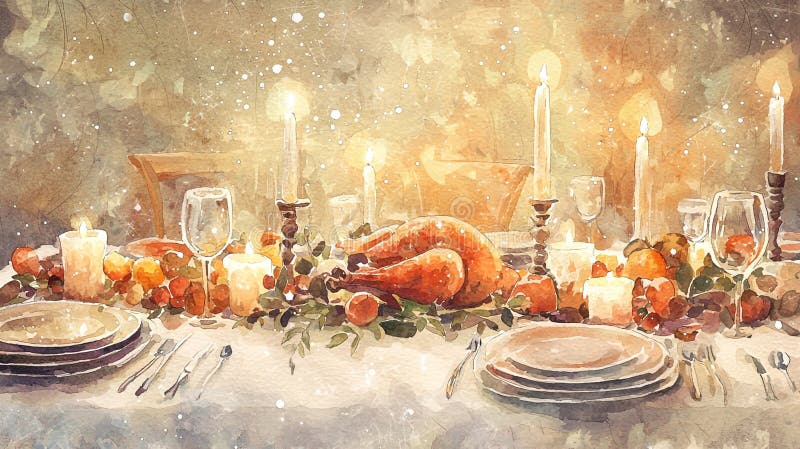 Watercolor Illustration Depicting Thanksgiving Dinner Table Setting ...