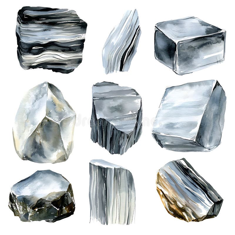 Watercolor Illustration of 9 Different Rock Textures Stock Illustration ...