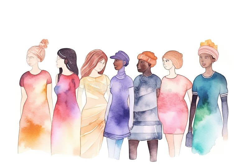 Watercolor Illustration. Diverse Group of Joyful Women Multicultural ...