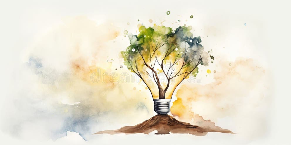 Watercolor Illustration of Eco Concept of Growing Tree in a Bulb Stock ...