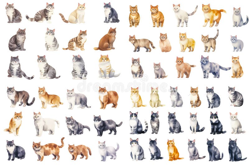 Watercolor of Elements of Cats of Various Breeds in Cute Poses. Created ...