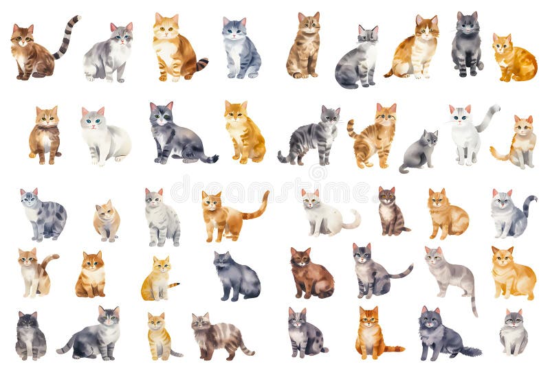 Watercolor of Elements of Cats of Various Breeds in Cute Poses. Created ...