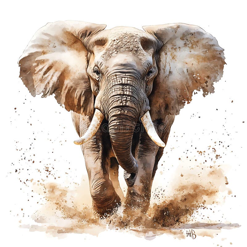 Watercolor Illustration of an Elephant Running through Dust Stock ...