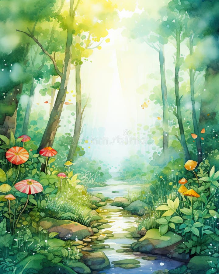 Watercolor Illustration of Enchanted Forest Stock Illustration ...