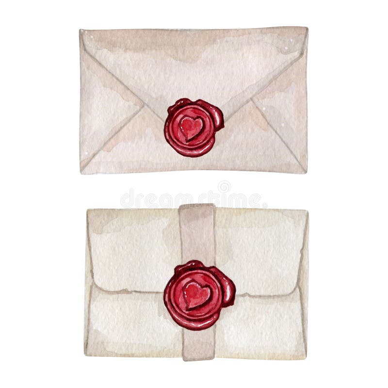 Watercolor Illustration of Envelope with Love Letter and Red Wax Seal ...