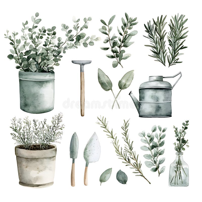 Watercolor Illustration of Eucalyptus Rosemary and Gardening Tools ...