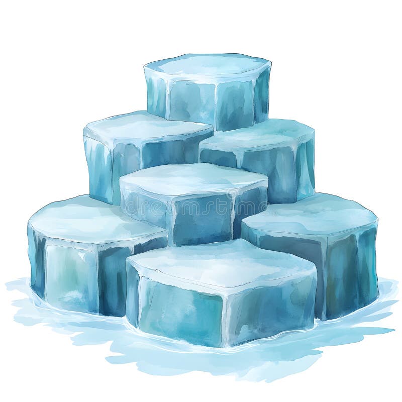 Watercolor Illustration of Ice Blocks Stacked and Isolated on White ...