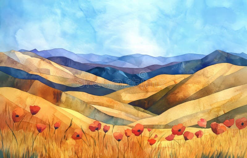 A Watercolor Illustration Featuring an Abstract Poppy Field with a ...