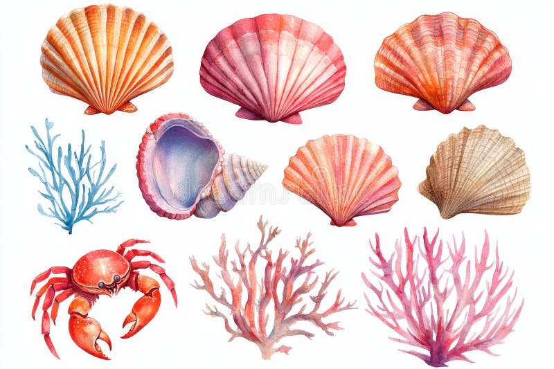 Watercolor Illustration Featuring a Collection of Sea Shells, a Crab ...