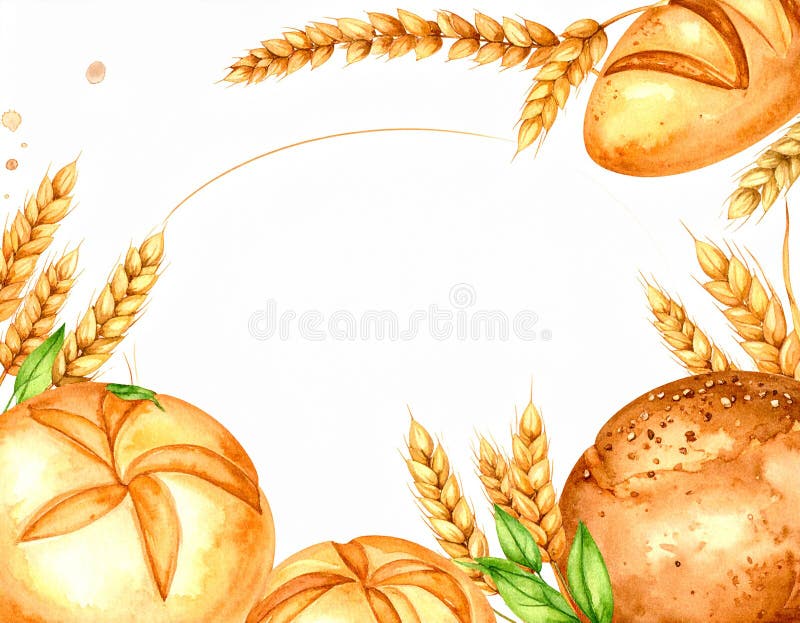 Watercolor Bread and Wheat Frame Stock Illustration - Illustration of ...